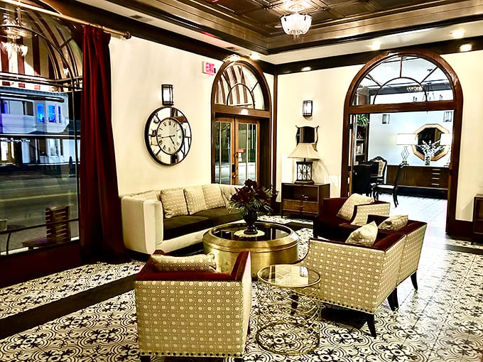 Hotel DeFuniak's lobby whispers tales of travelers past while offering modern comfort in vintage packaging.