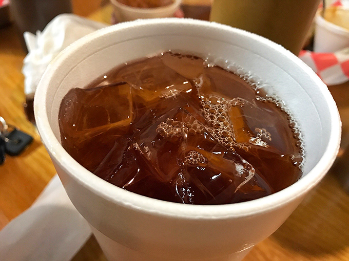 Sweet tea served in the universal Southern chalice &ndash; a foam cup that keeps it cold and proper.