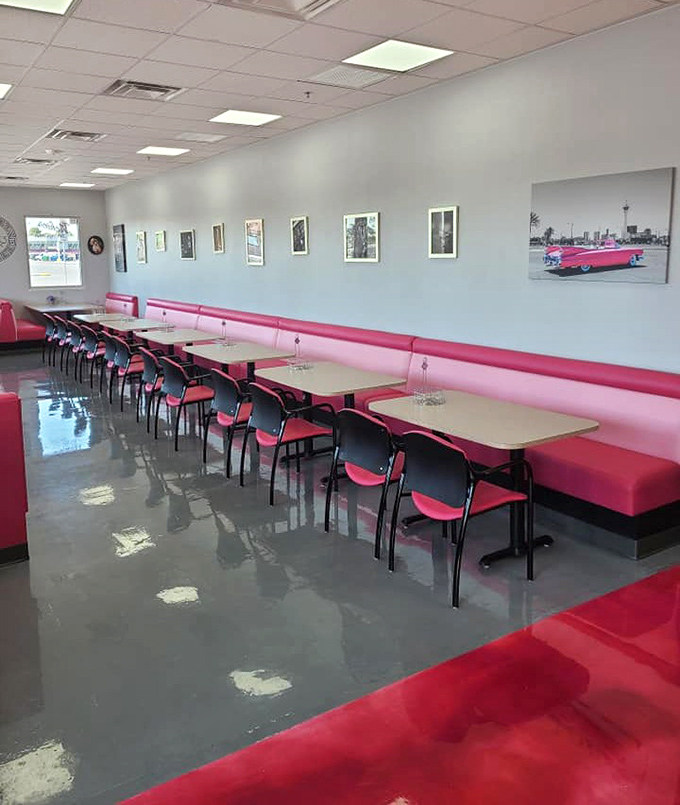 The diner's clean lines and pink booths create the perfect backdrop for breakfast dreams and lunchtime schemes.