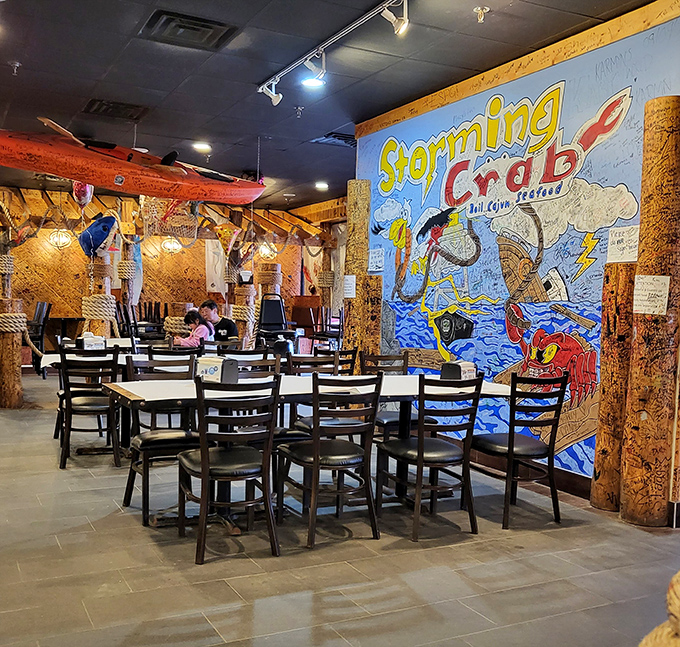Colorful murals and wooden posts create an atmosphere that's part fishing dock, part seafood fantasy. Nautical without being nautical nonsense.