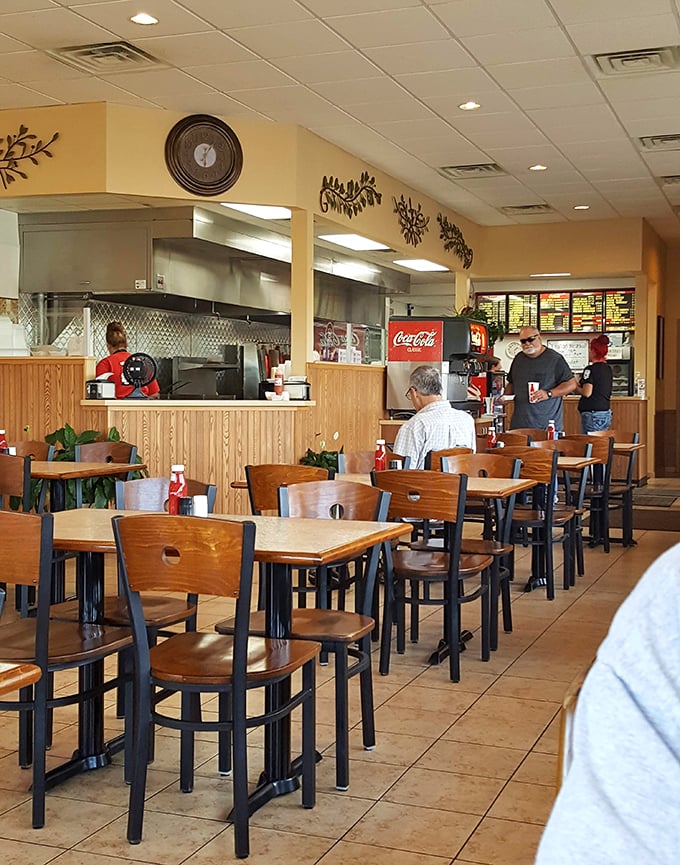 The open kitchen layout means you can watch your gyro being assembled with the precision of a Swiss watchmaker.