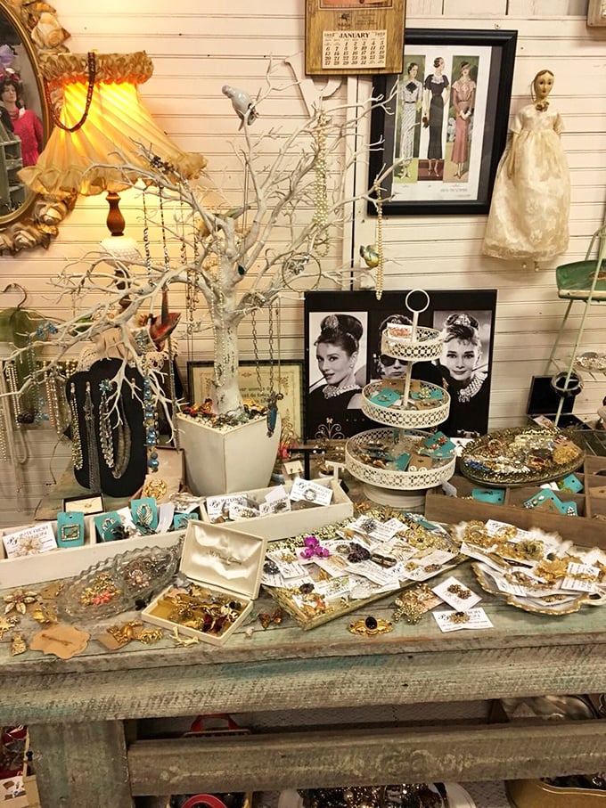 A jewelry display that would make Holly Golightly swoon, complete with a jewelry tree that's blooming with vintage treasures.