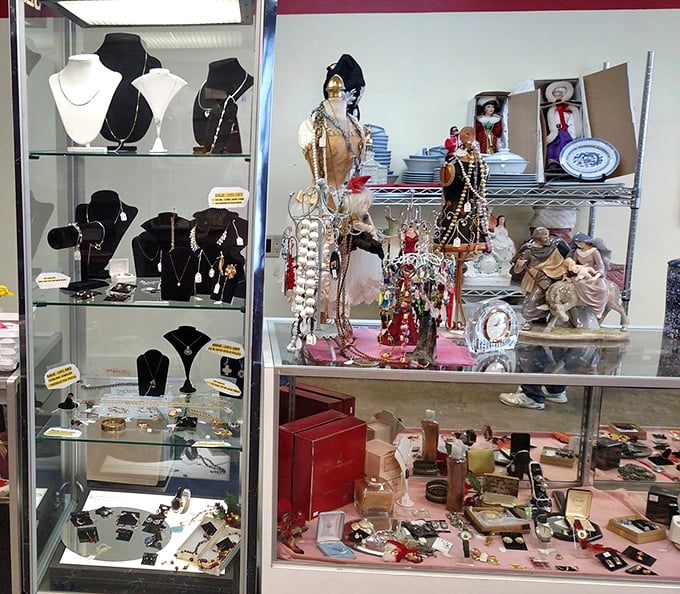 Treasure chest alert! The jewelry counter showcases everything from costume baubles to the occasional genuine gem—all waiting to adorn necks, wrists, and ears once more.