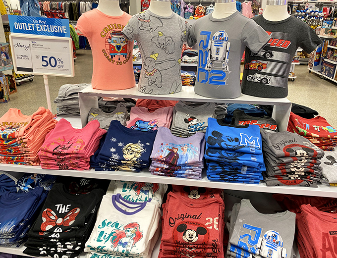 Kids' character shirts featuring everyone from Mickey Mouse to R2-D2, proving cartoon franchises span generations and somehow never go out of style completely.