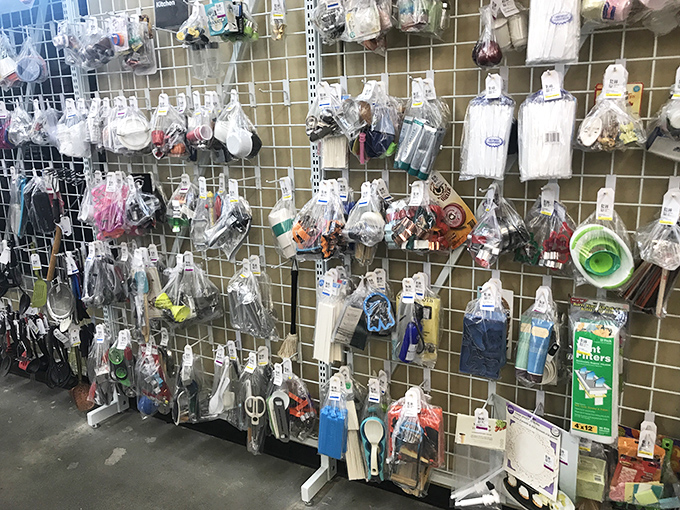 Bagged treasures hang like retail ornaments, each plastic package containing household essentials waiting to be discovered by savvy shoppers.