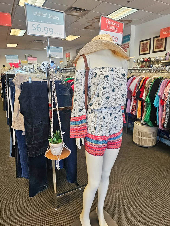 Ladies' jeans and summer fashion await their next adventure, with a straw hat that's ready for either gardening or dramatic exits.