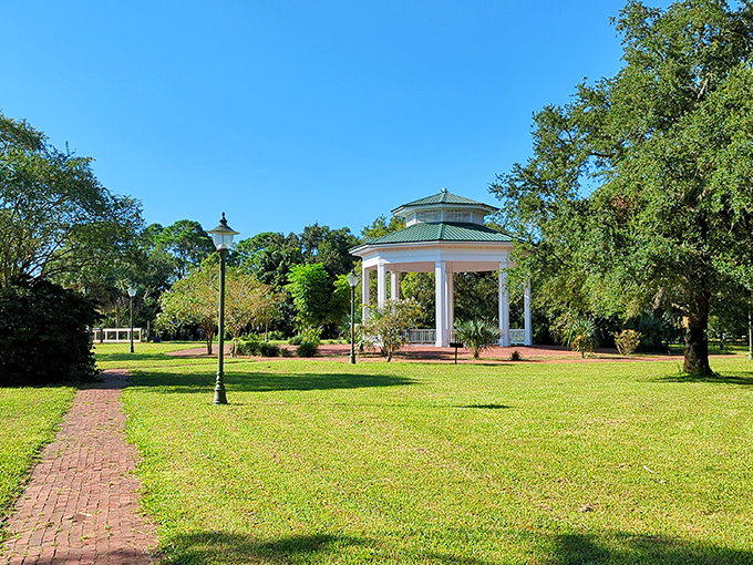 Lafayette Park's gazebo offers the perfect spot for contemplating life decisions or simply watching pelicans make theirs.
