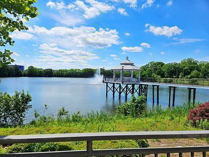 The serene lake and picturesque gazebo offer a moment of Zen contemplation before diving back into the wonderful chaos of commerce.