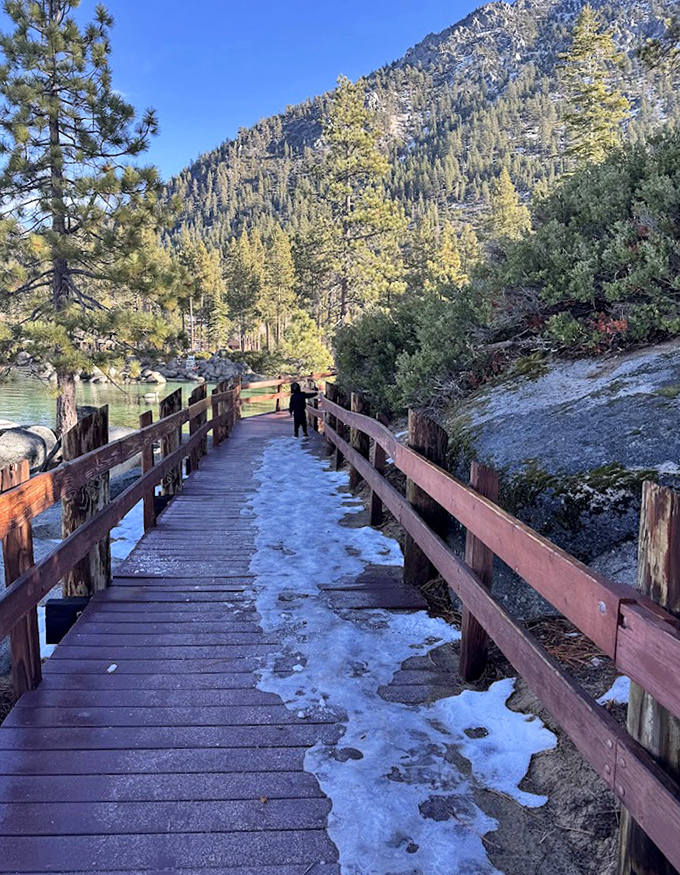 A wooden pathway that practically begs for contemplative strolls. The remaining snow patches are nature's way of saying, "No rush."