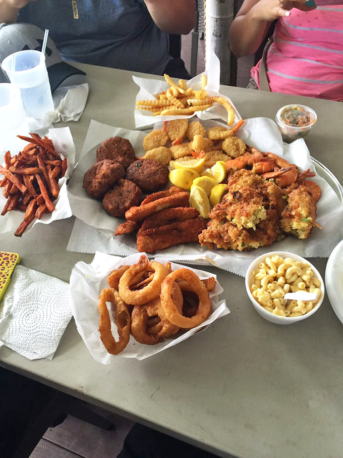 Not so much a meal as a seafood festival on a plate. Onion rings, crab cakes, fried shrimp &ndash; it's like the ocean's greatest hits album.