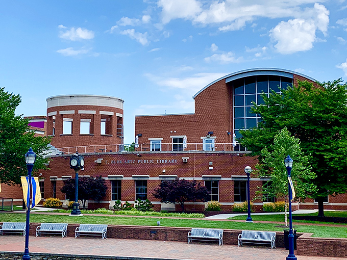 The library building combines modern functionality with classic charm, like a smartphone wearing a bow tie.