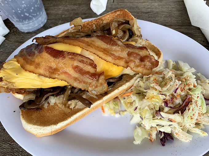 The Loaded Salty Dog isn't just a sandwich—it's an engineering marvel of bacon, cheese, and satisfaction.