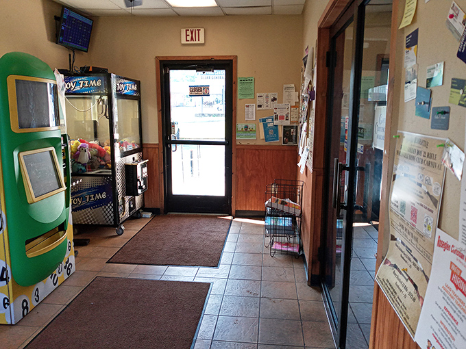 The entrance says it all—community bulletin boards, claw machines, and that screen door that's seen generations come and go. Small-town America, perfectly preserved.