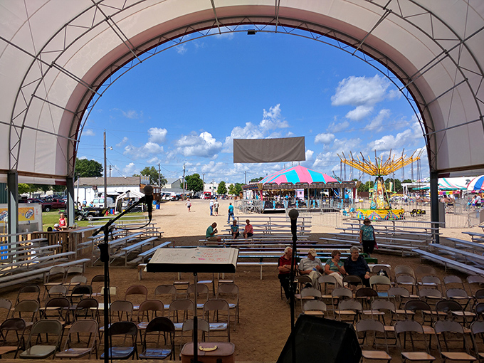 The fairgrounds' classic bandshell frames community gatherings that feel authentically Midwestern in the very best way.