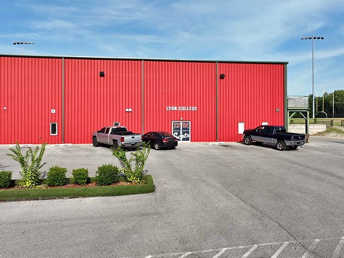 Lyon College's athletic facilities bring collegiate energy to a retirement-friendly town. The red building stands ready for game day without the big-city ticket prices.