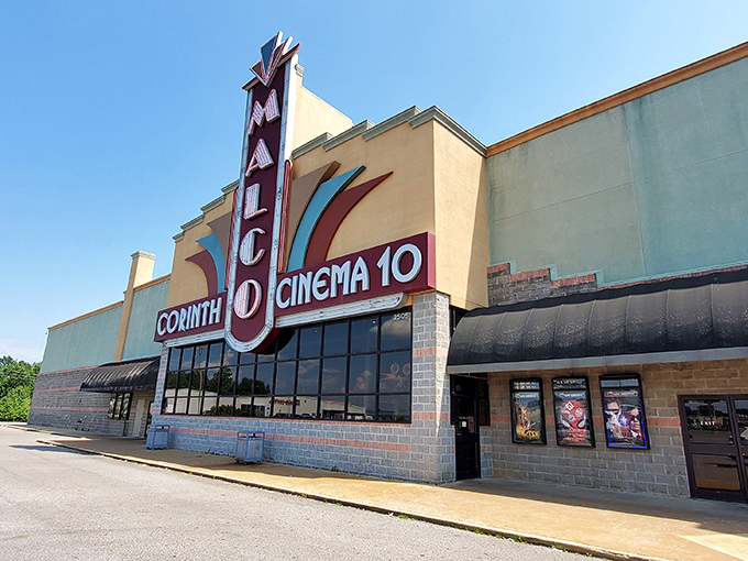 The Malco Cinema's retro sign promises entertainment that won't require a second mortgage, unlike those multiplexes in metropolitan money pits.