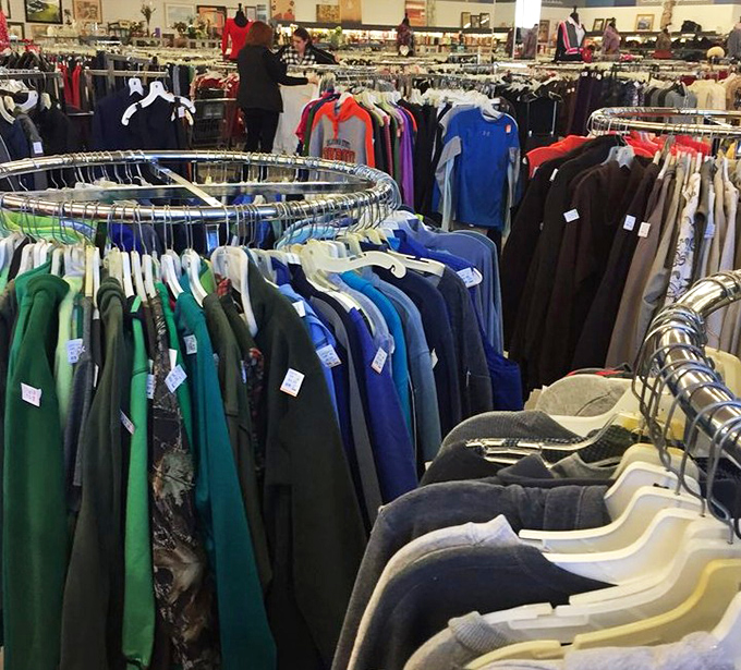 Men's clothing racks offer everything from casual Friday polos to "I have a job interview" blazers.