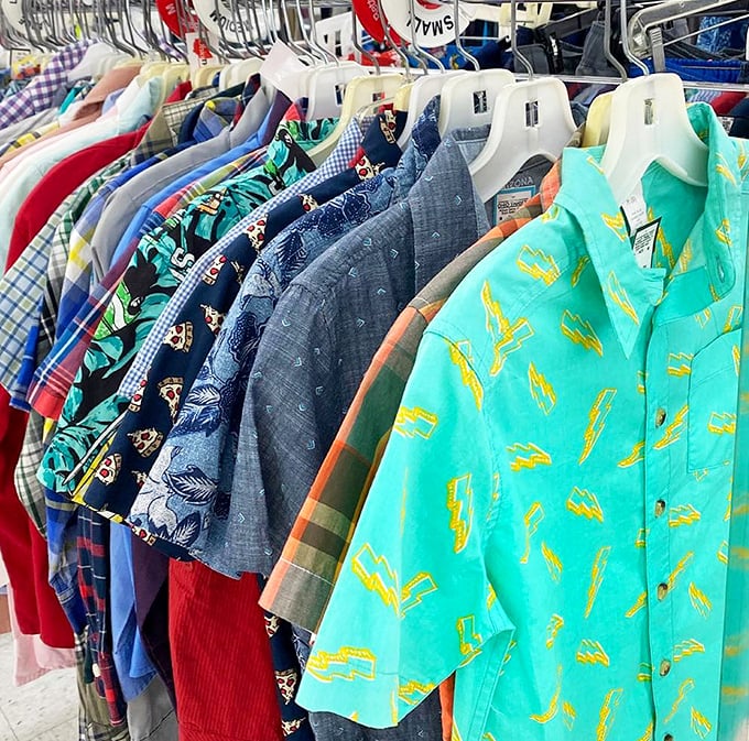 The shirt rack that screams "Dad on vacation" meets "hipster brunch." That turquoise number would make any Hawaiian jealous!