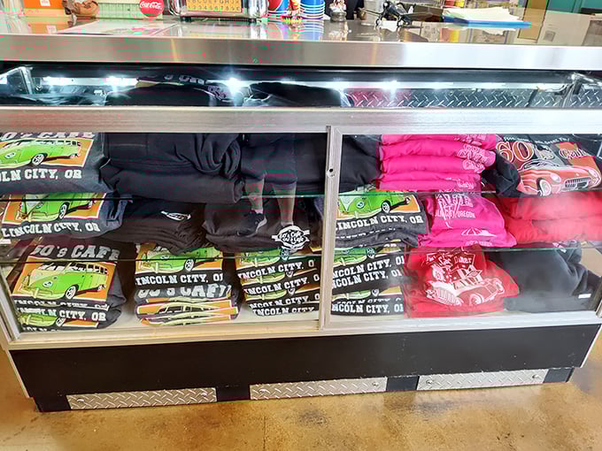 Take home more than leftovers&mdash;the merch counter offers t-shirts and souvenirs that let you wear your love for classic cars and comfort food.