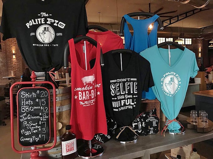 Merchandise that lets you take home bragging rights. That "Don't Take a Selfie With Your Mouth Full" shirt speaks to my soul.