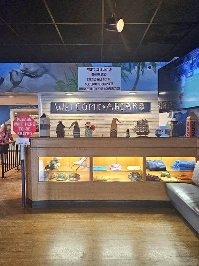 The "Welcome Aboard" sign sets the tone for your seafood adventure. Maritime decorations remind you that despite being miles from the coast, the ocean's bounty awaits.