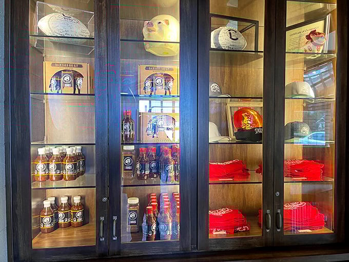 The merchandise cabinet&mdash;where you can take home a taste of Van's. Because sometimes a t-shirt and sauce bottle are the best souvenirs.
