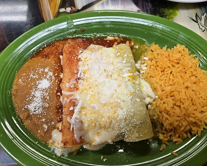 Green plate, red sauce, yellow rice&mdash;the Mexican flag in edible form. This enchilada isn't just dinner; it's a patriotic statement wrapped in melted cheese.