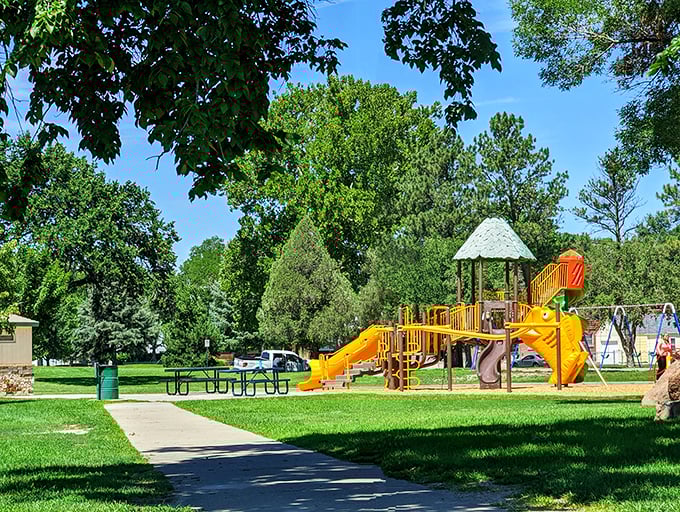 This playground paradise reminds us that the simplest joys—a slide, some sunshine, and room to run—never go out of style.