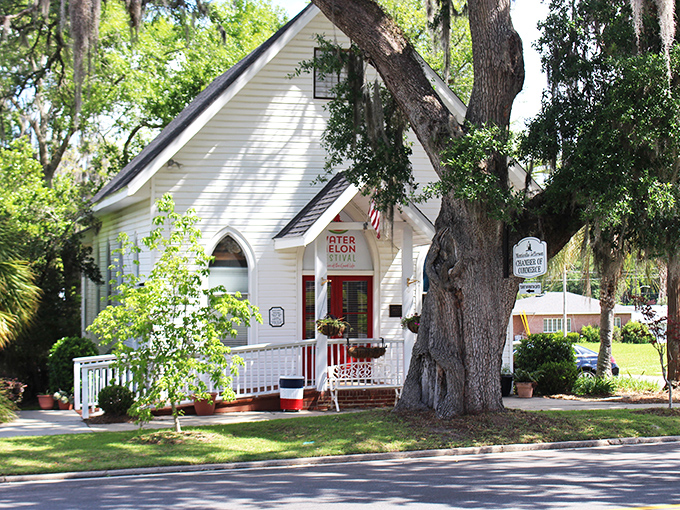 Monticello's historic Chamber of Commerce building stands like a pristine wedding cake among ancient oaks. Southern Gothic meets small-town welcome center under Spanish moss chandeliers.