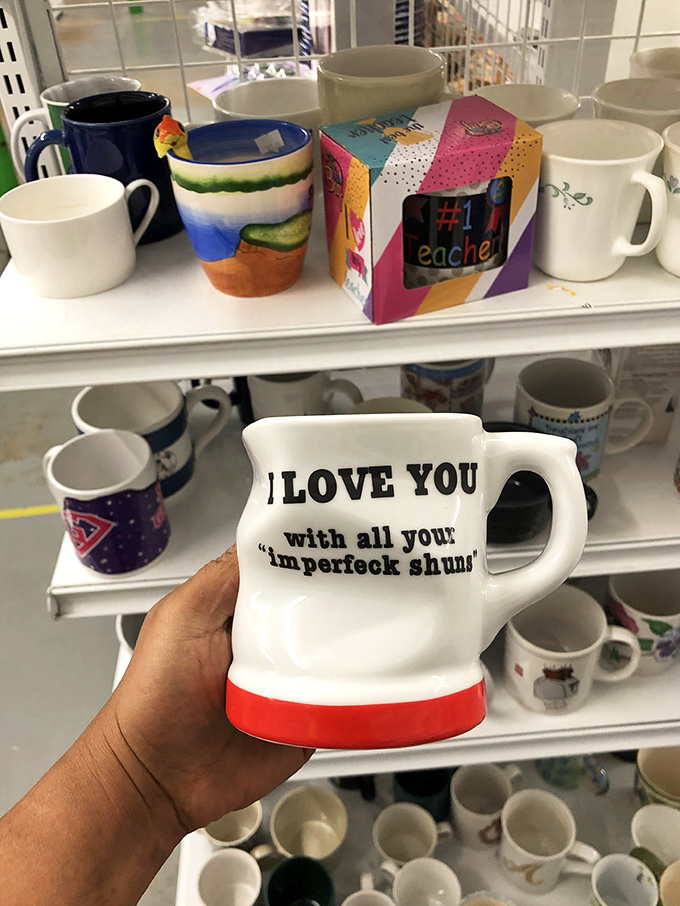 Mugs with personality waiting for their forever homes. That "imperfeck shuns" cup is practically begging to become someone's favorite morning companion.