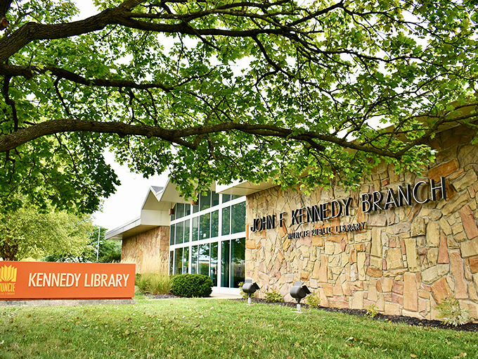 Kennedy Library welcomes readers under a canopy of green. Books and nature&mdash;two things that never need a software update to work their magic.