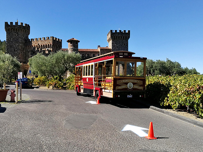 All aboard the wine trolley! The most delightful way to approach a castle without having to slay a single dragon.