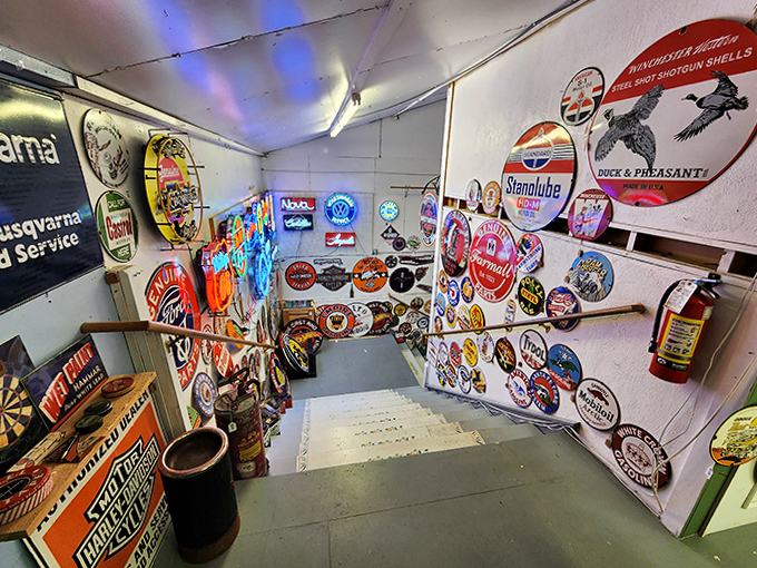 The stairway to heaven is apparently lined with vintage advertising signs. Each metal circle represents someone's "I remember when" moment waiting to happen.