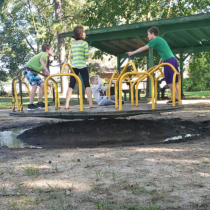 Childhood joy in its purest form—this playground merry-go-round has been spinning memories for generations of Oakdale kids.