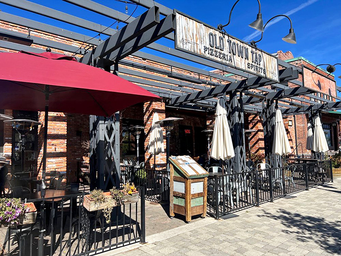 Old Town Tap's inviting patio beckons with the promise of craft pizzas and local brews under Truckee's brilliant blue skies.