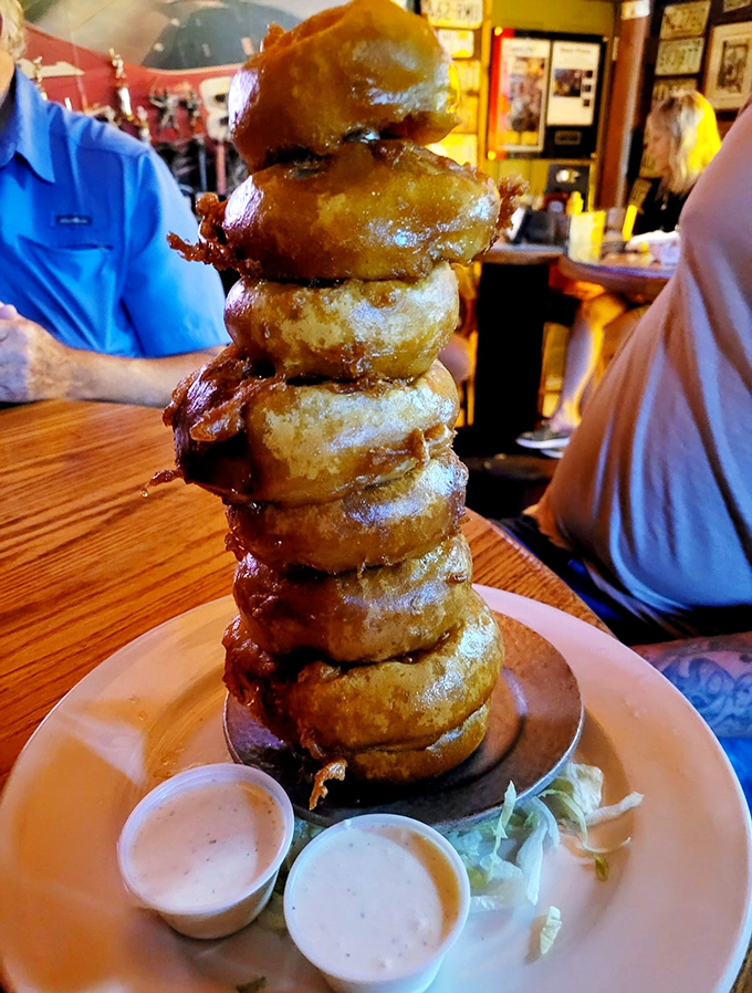 These onion rings aren't stacked&mdash;they're towering with pride, daring you to disturb their golden, crispy perfection.