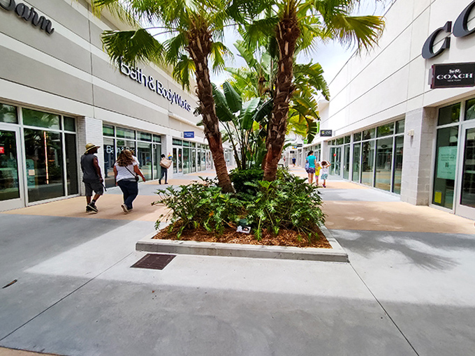 Palm-lined walkways provide merciful shade between shopping conquests, because Florida sun waits for no bargain hunter.