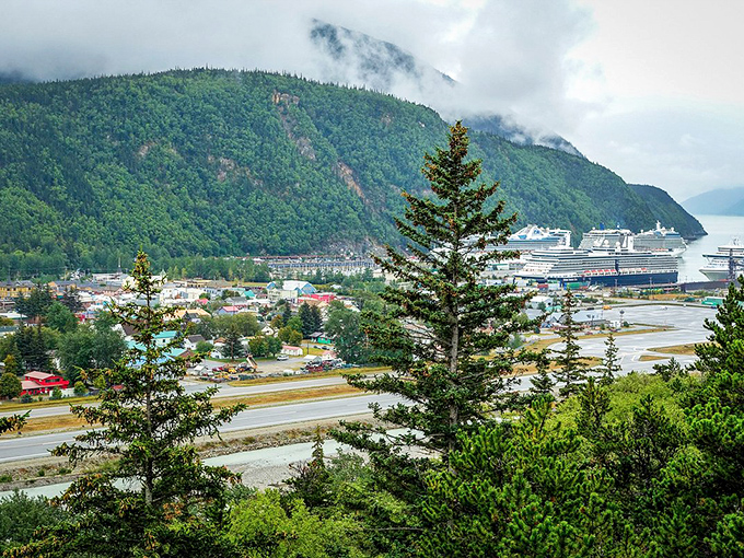 Skagway from above looks like someone dropped a tiny model town into the most spectacular valley they could find.