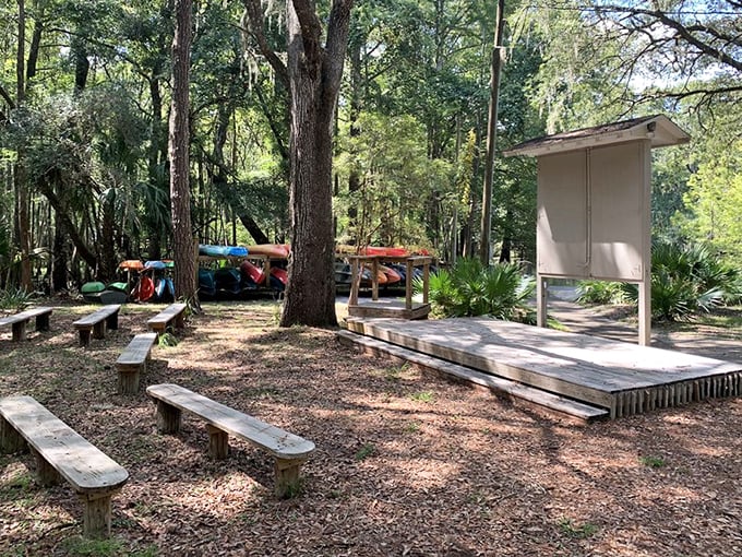 Outdoor classroom meets kayak launching pad &ndash; where adventures begin with wooden benches that have hosted countless excited explorers.