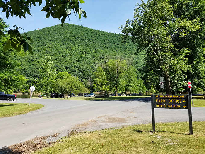 The park entrance welcomes you to adventures where cell service ends and actual relaxation mysteriously begins.
