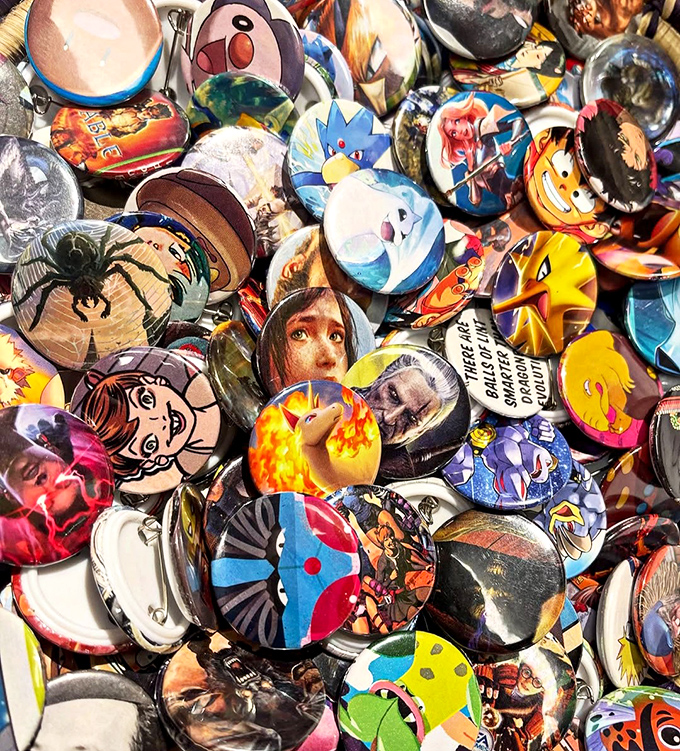 Button poetry in circular form. Each one a tiny billboard for bands, causes, and jokes that someone once loved enough to pin.