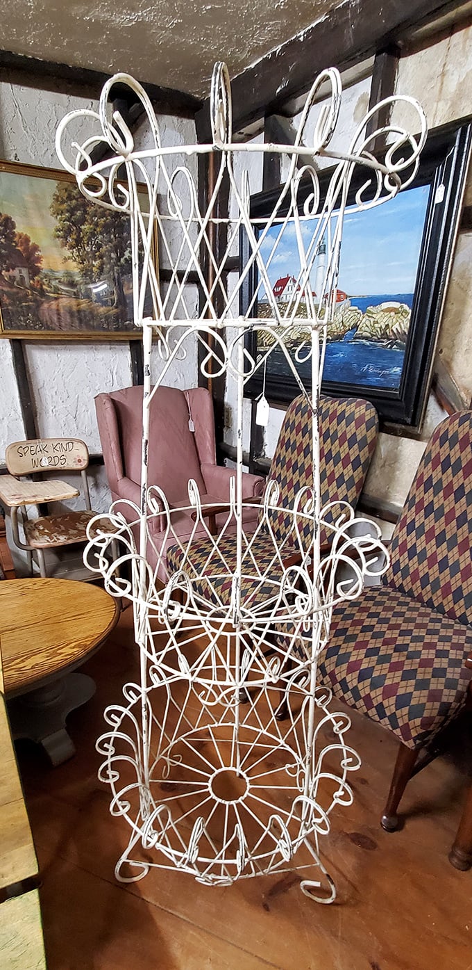A whimsical wire plant stand that's either Victorian-inspired garden art or the skeleton of a very fancy robot. Either way, it's coming home with someone.