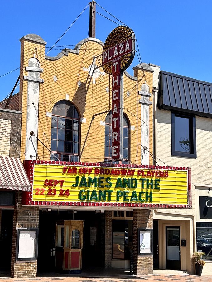 The Plaza Theatre's vintage façade announcing "James and the Giant Peach" – where childhood classics come alive on the big screen.