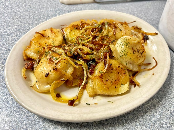 Pierogies saut&eacute;ed with onions until golden&mdash;little pockets of potato perfection that could make Eastern Europeans weep with homesick joy.