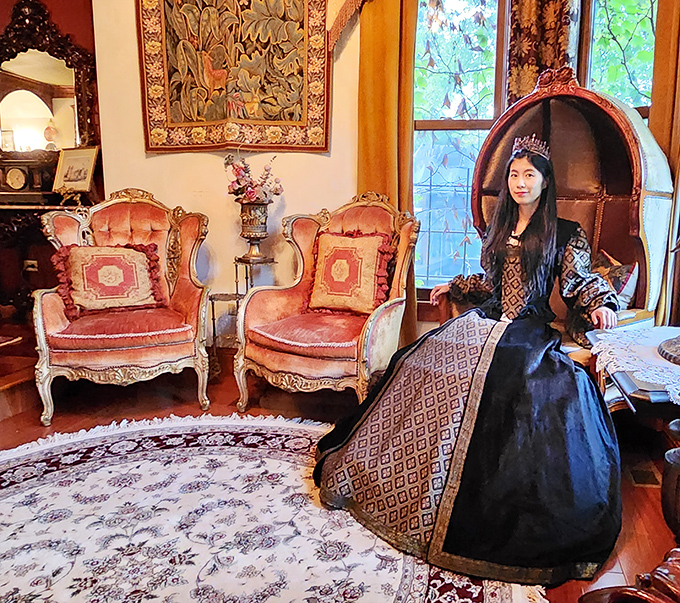 Mirror, mirror on the wall... This elegant parlor with its plush velvet chairs invites visitors to sit and imagine life as nobility.