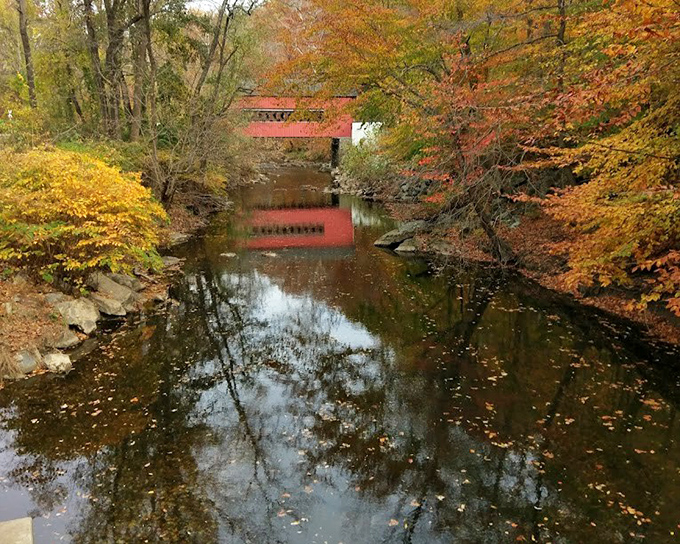 Mirror, mirror on the creek&mdash;fall foliage and bridge reflections create a symmetrical masterpiece that even the most jaded photographer couldn't resist.