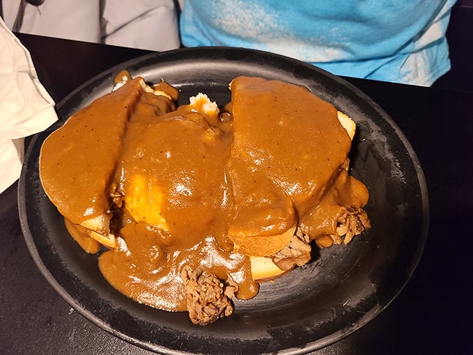 Comfort food elevated &ndash; a hot roast beef sandwich smothered in gravy that your grandmother would approve of, if she were a culinary genius.