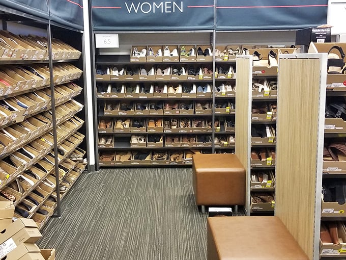 Women's footwear organized with military precision. The shoe department—where "just browsing" becomes "I'll take three pairs."