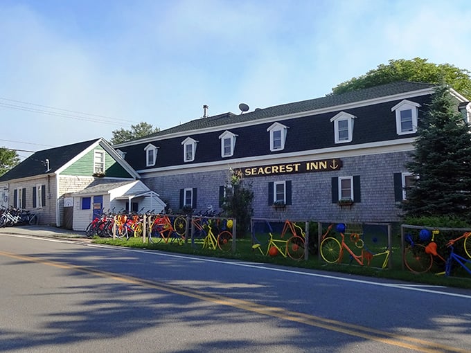 Seacrest Inn's colorful bike fence tells you everything about Block Island priorities. Why drive when you can pedal past ocean views at your own pace?