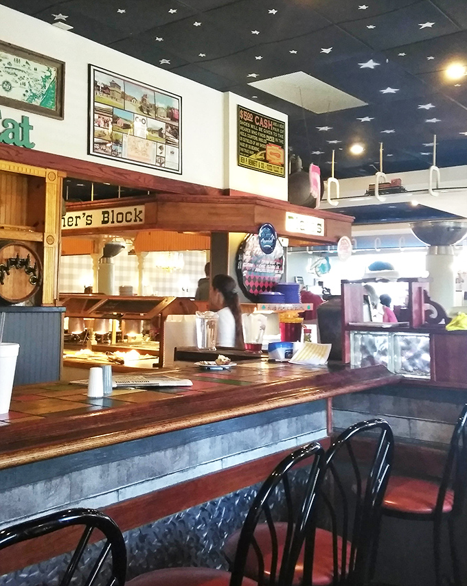 The breakfast command center, where morning magic happens under the watchful gaze of those blue ceiling stars.